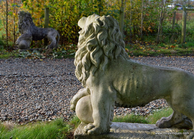 Pair Stone Lions with Ball - Moy Antiques