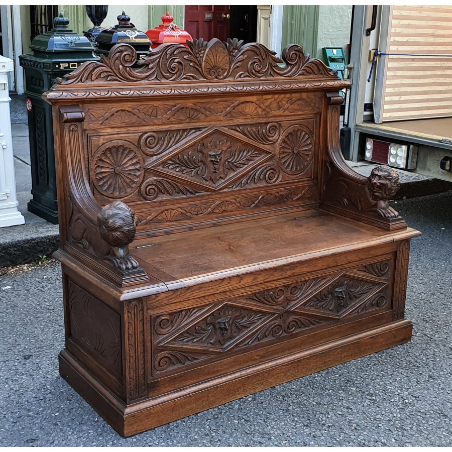 Monks Bench With Pair Lion Ends - Moy Antiques