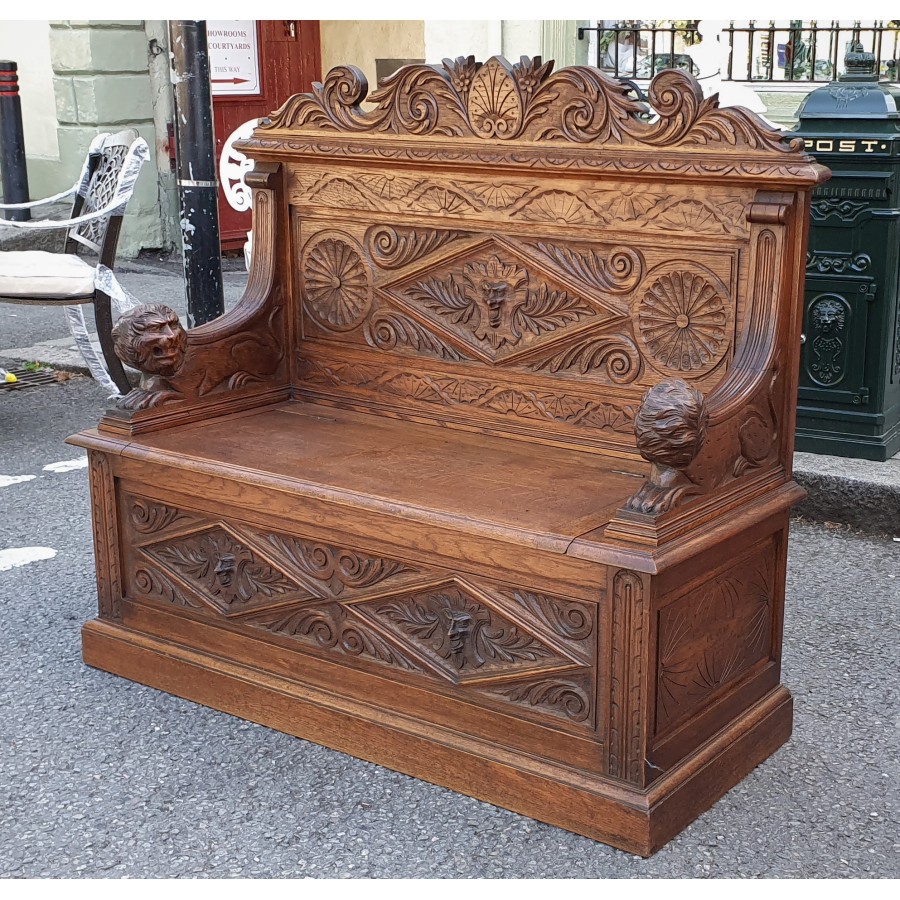 Monks Bench With Pair Lion Ends SOLD - Moy Antiques