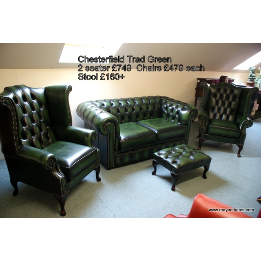 Chesterfield Suite Sofa, Wing and Tub Green - Moy Antiques